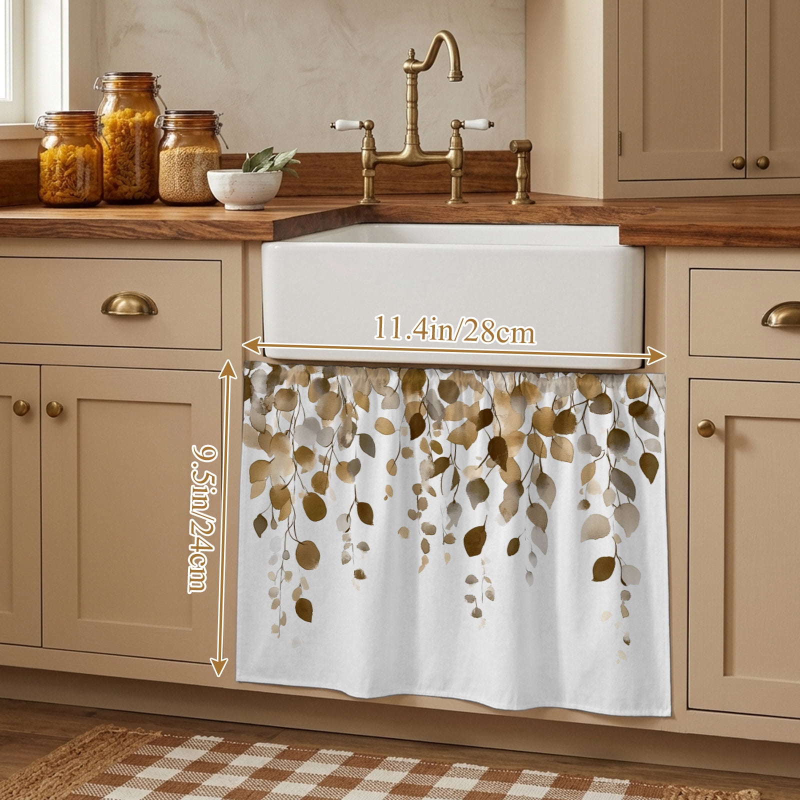 Brown Eucalyptus Leaves Small Cabinet Curtains 9.5"W x 11.4"L, Summer ...