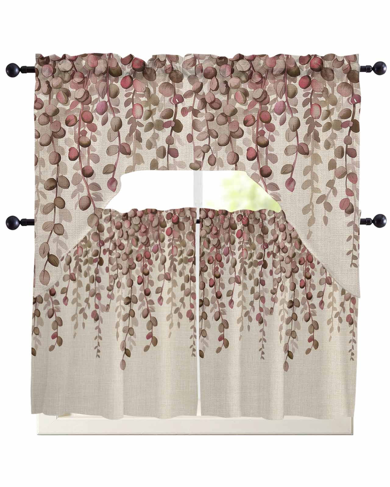 Brown Eucalyptus Leaves Swag Kitchen Curtains Sets for Windows 24 Inch ...