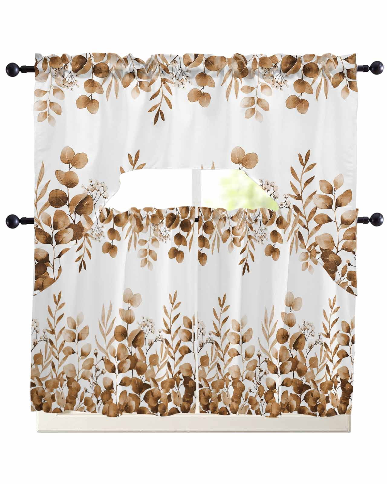 Brown Eucalyptus Leaves Swag Valance for Window, 3 Piece Summer Plants ...