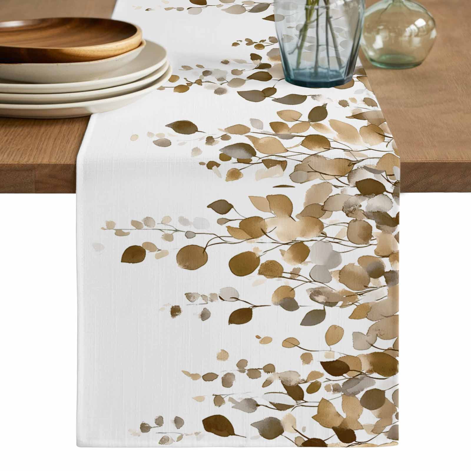 Brown Eucalyptus Leaves Table Runner, Summer Watercolor Leaf Washable ...