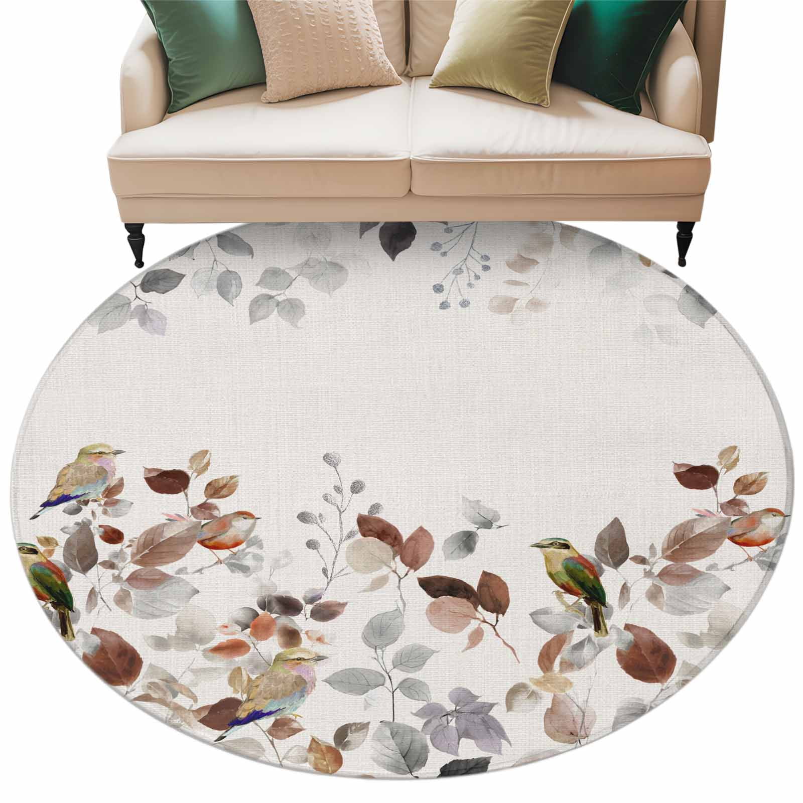 Brown Eucalyptus Leaves Washable Round Area Rug 6 ft, Watercolors Grey ...
