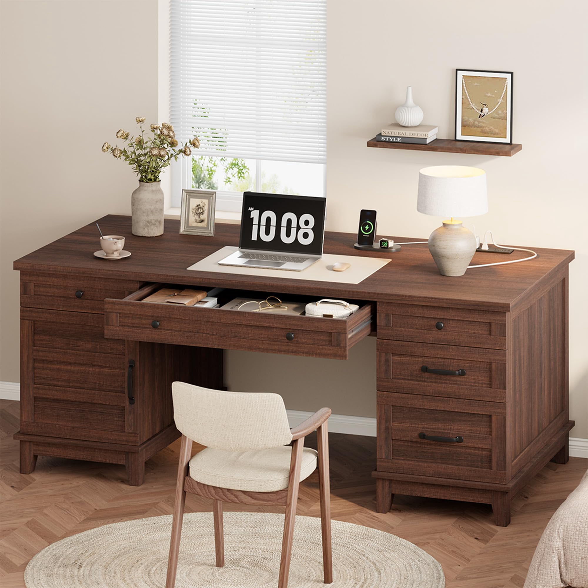 Brown Executive Computer Desk 60" with Built-in Charging Station & USB ...