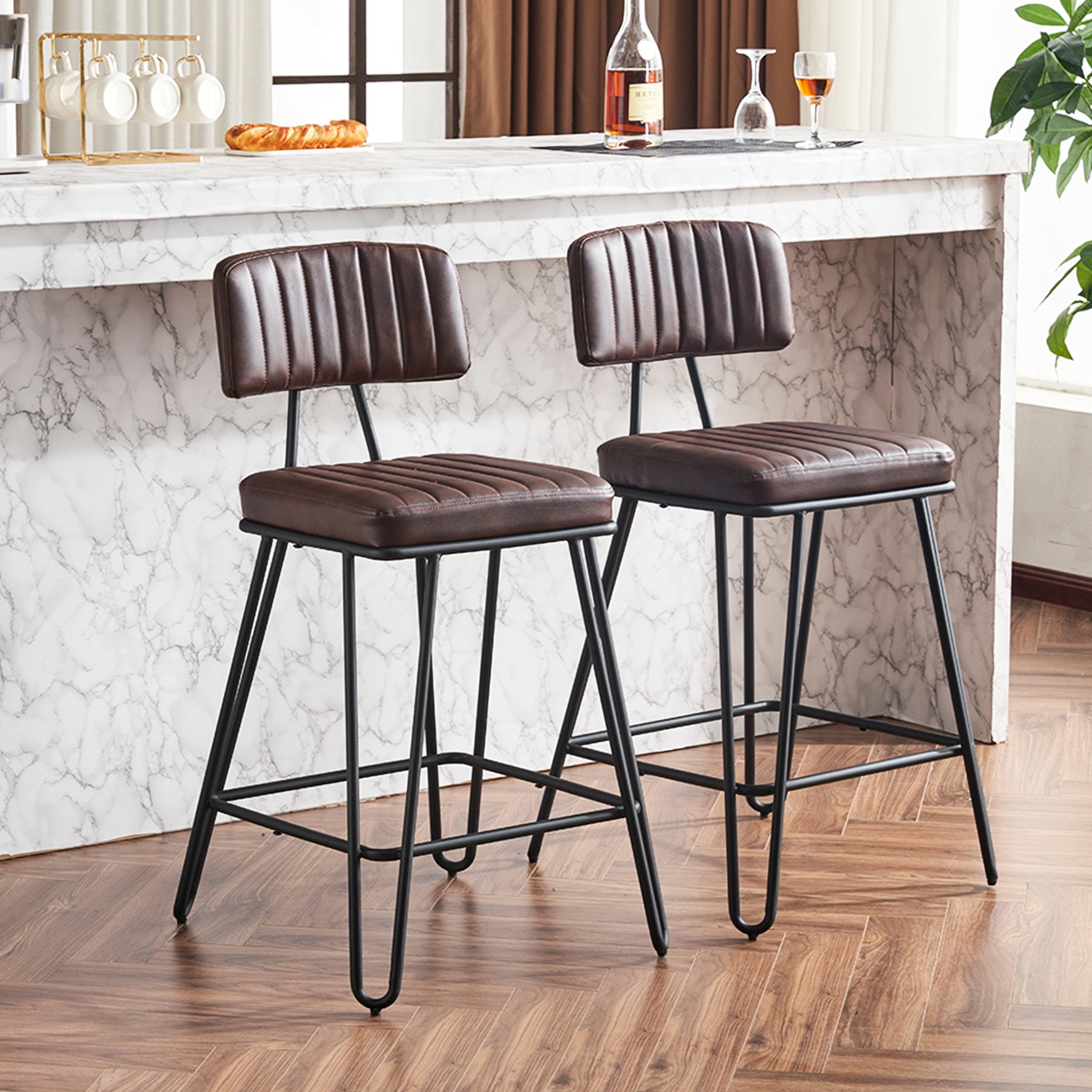Brown Fabric & Metal Counter Height Bar Chairs Set / Easy - to ...