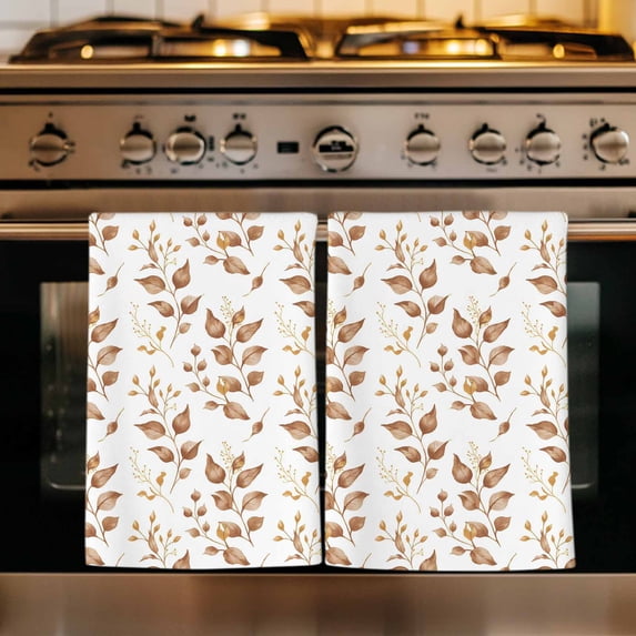 Brown Fall Leaves Kitchen Towels Set of 3, Farmhouse Leaf Branches ...