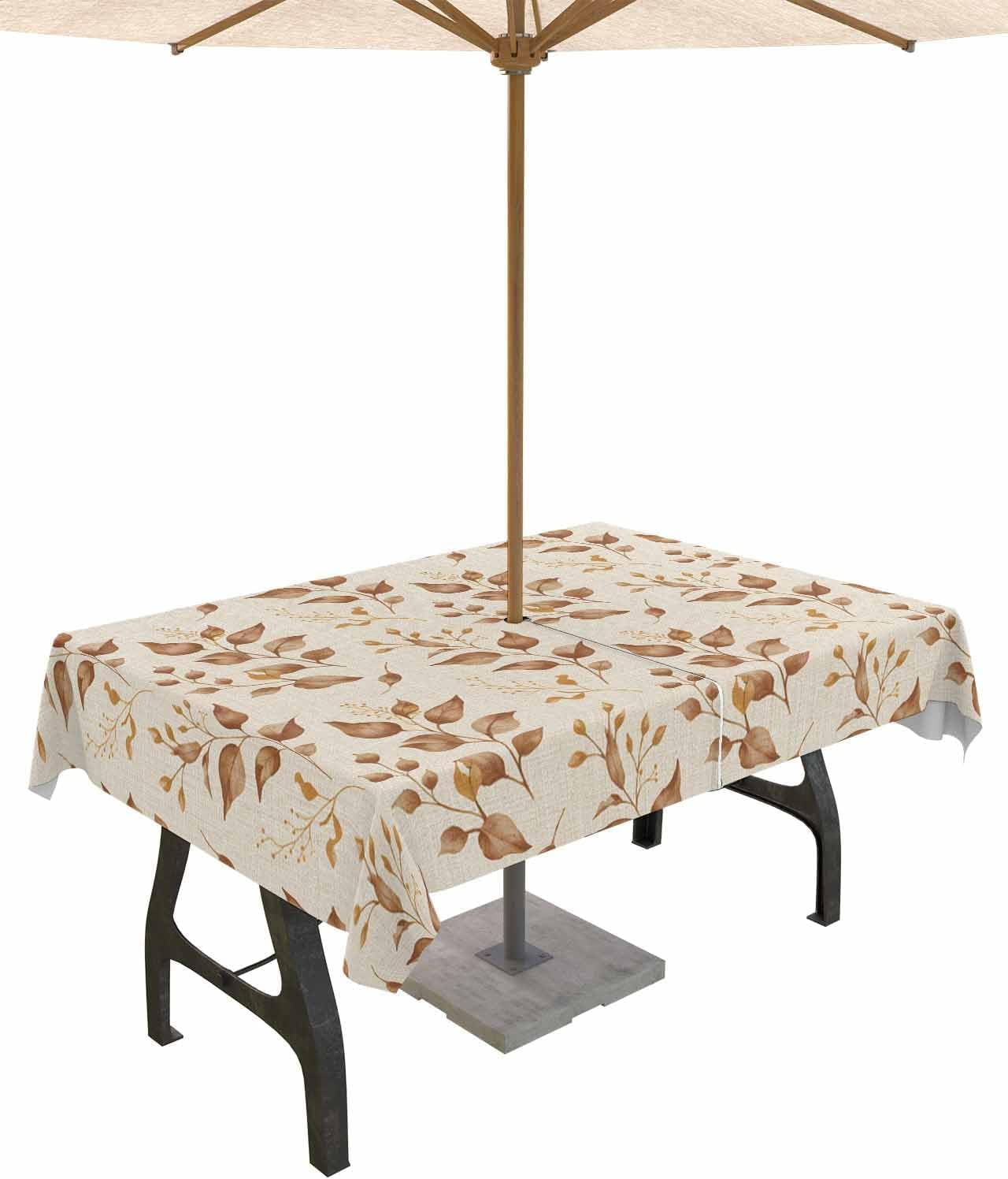 Brown Fall Leaves Outdoor Tablecloth with Umbrella Hole Rectangle ...