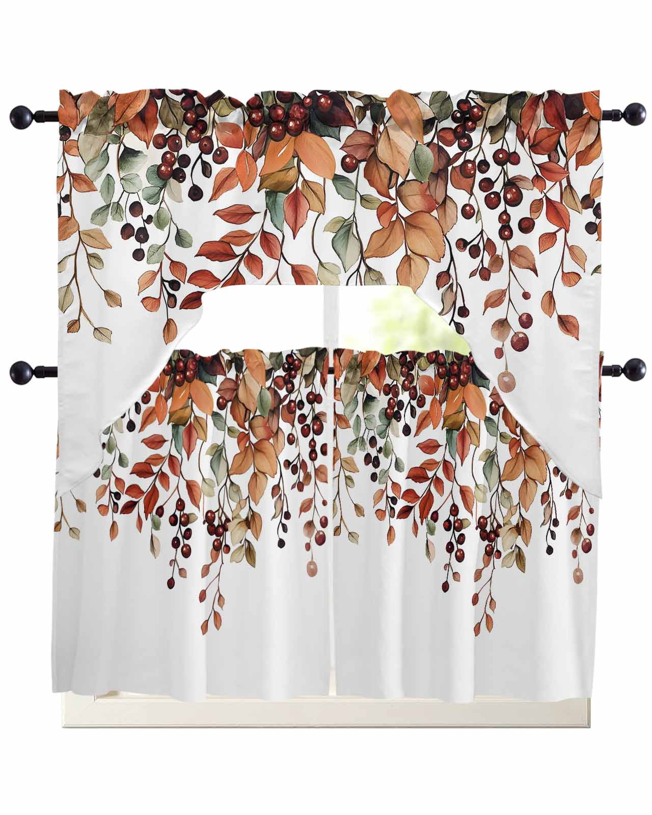Brown Fall Leaves Swag Curtains for Living Room/Bedroom Windows, Fruit ...
