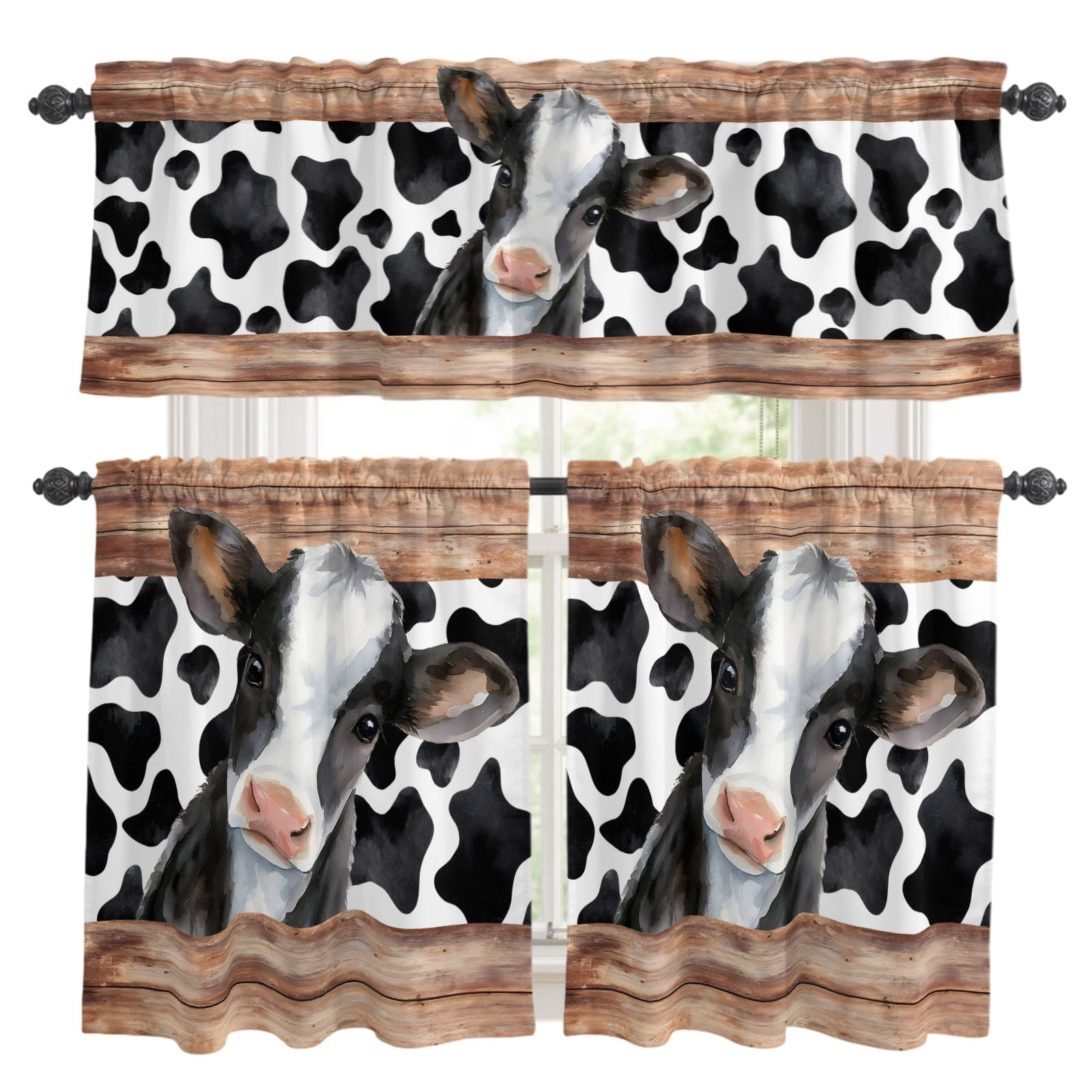 Brown Farm Cow Kitchen Curtains Valance and Tier Set Country Vintage ...