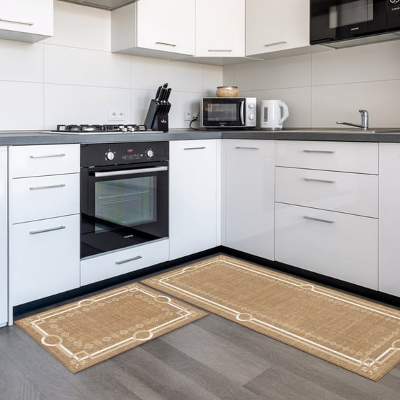 Brown Farmhouse 2 Pieces Non-Slip Kitchen Mat Set, Linen Texture ...