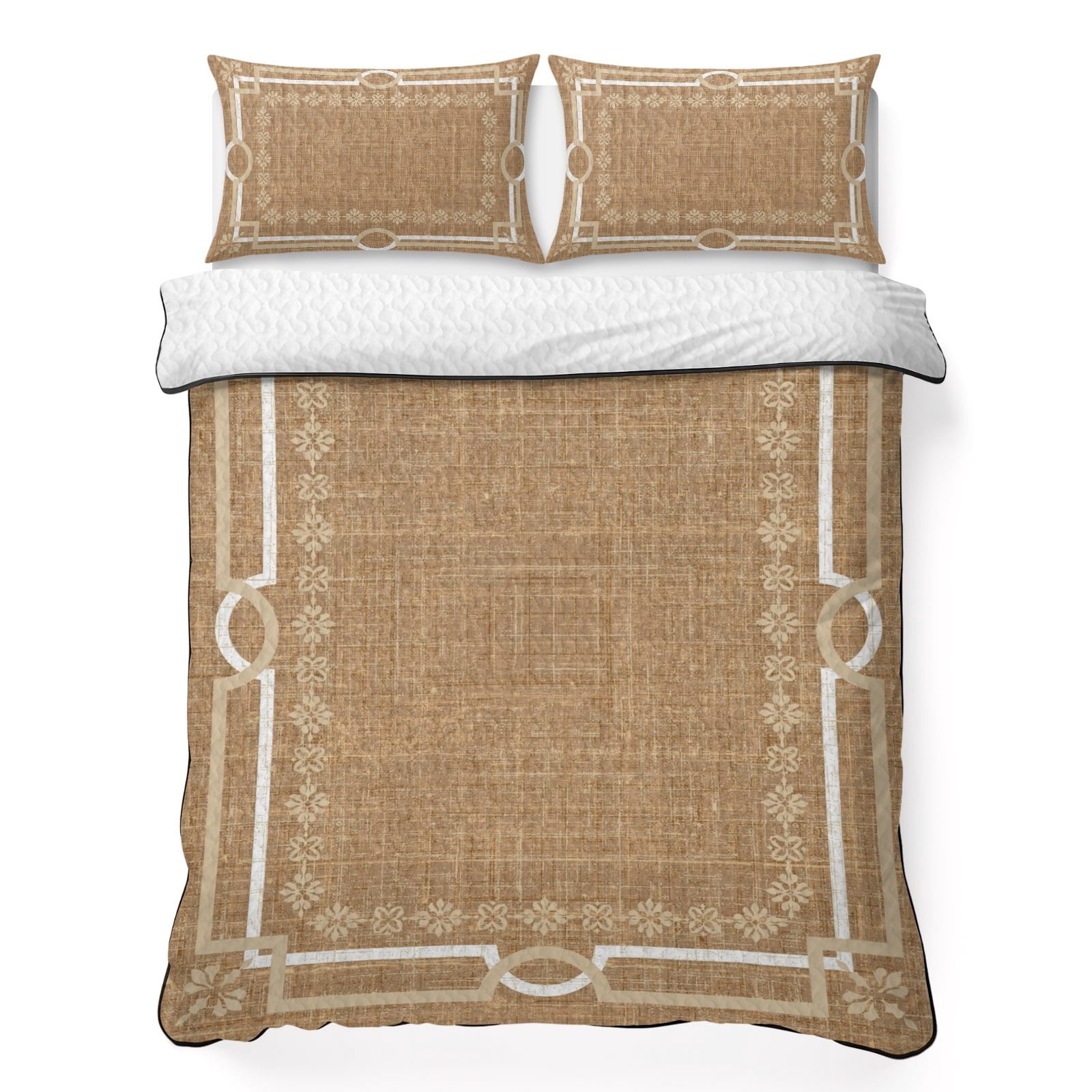 Brown Farmhouse 3 Piece Quilt Bedding Set with 2 Pillow Shams, Linen ...