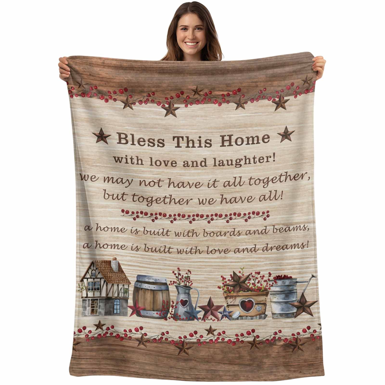 Brown Farmhouse Barn Stars Throw Blankets, Vintage Country Wood Texture ...