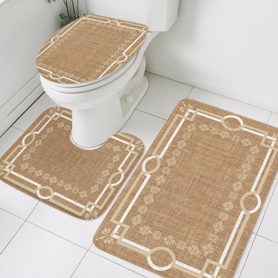 Brown Farmhouse Bathroom Rugs Set Linen Texture Geometric Lines Floral ...