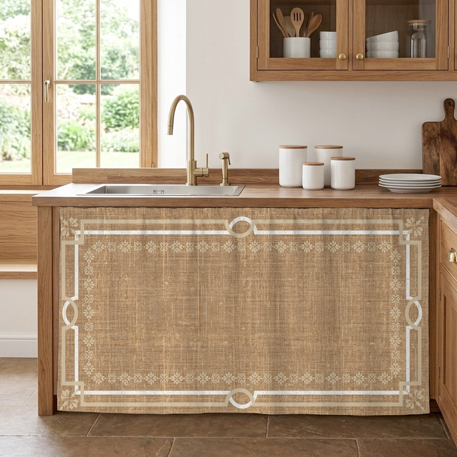Brown Farmhouse Cabinet Curtains 28" W x 51" L, Linen Texture Geometric ...