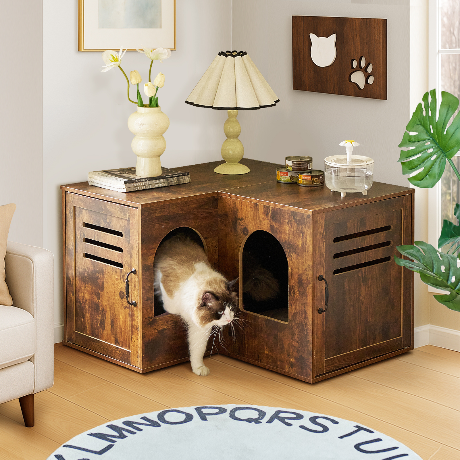 Brown Farmhouse Corner Cat Double Litter Box & Litter Box Cabinet with ...