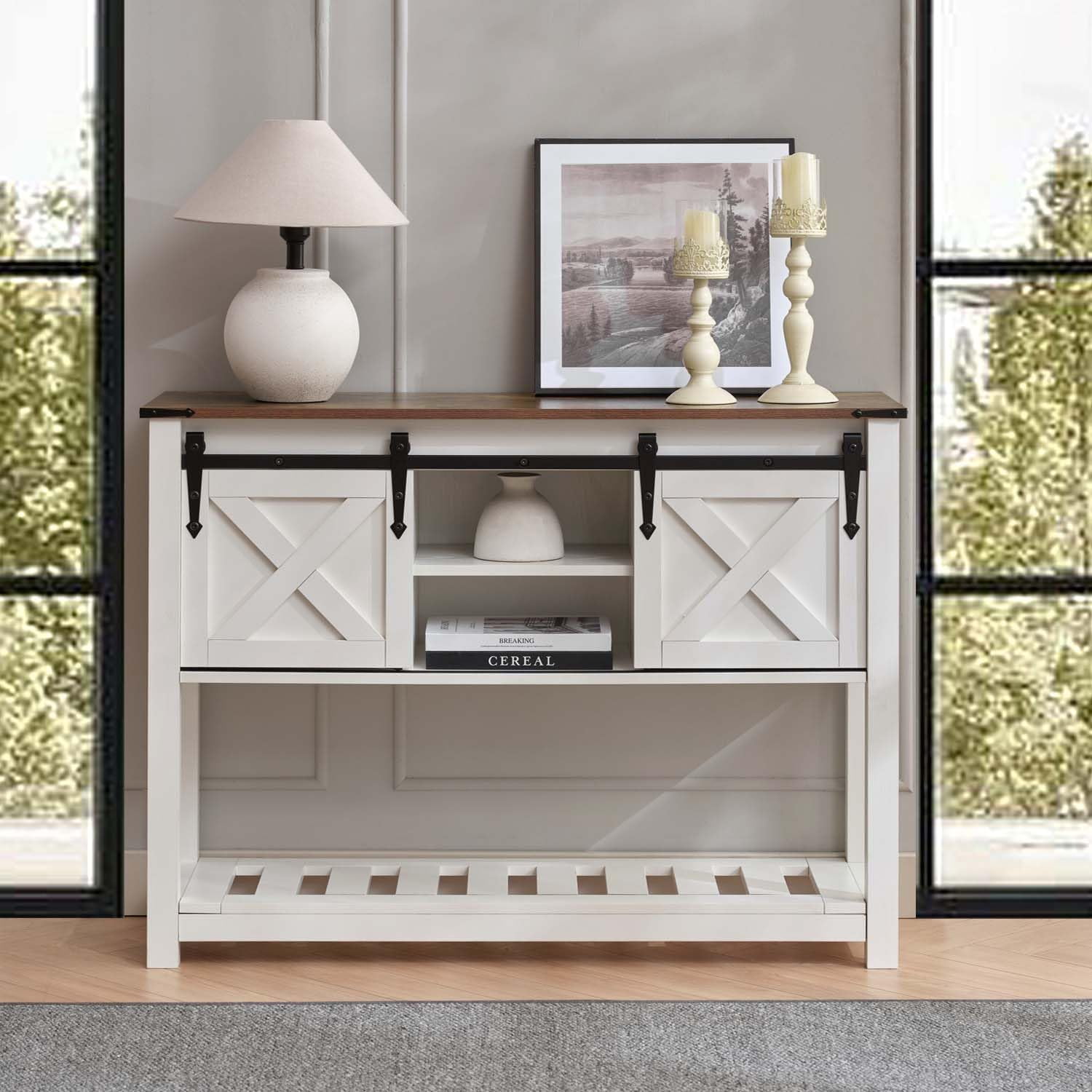 Brown Farmhouse Entryway Rustic Hallway with Storage Shelf Sofa with ...