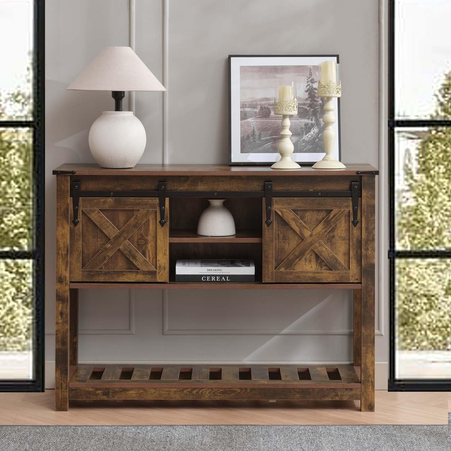 Brown Farmhouse Entryway Rustic Hallway with Storage Shelf Sofa with ...