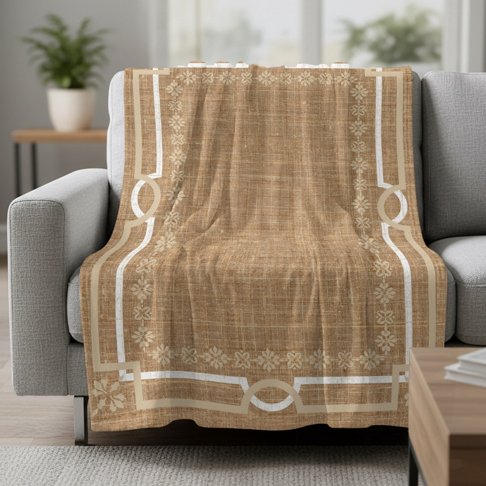 Brown Farmhouse Fleece Throw Blanket Linen Texture Geometric Lines ...
