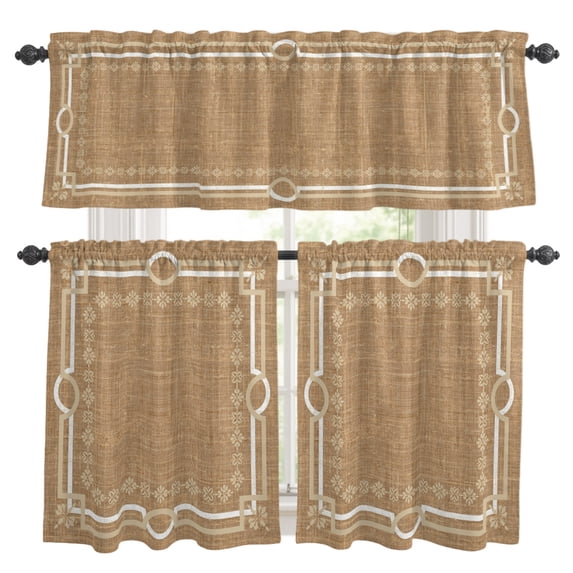 Brown Farmhouse Kitchen Curtains Valances 3 Piece Set, Linen Texture ...