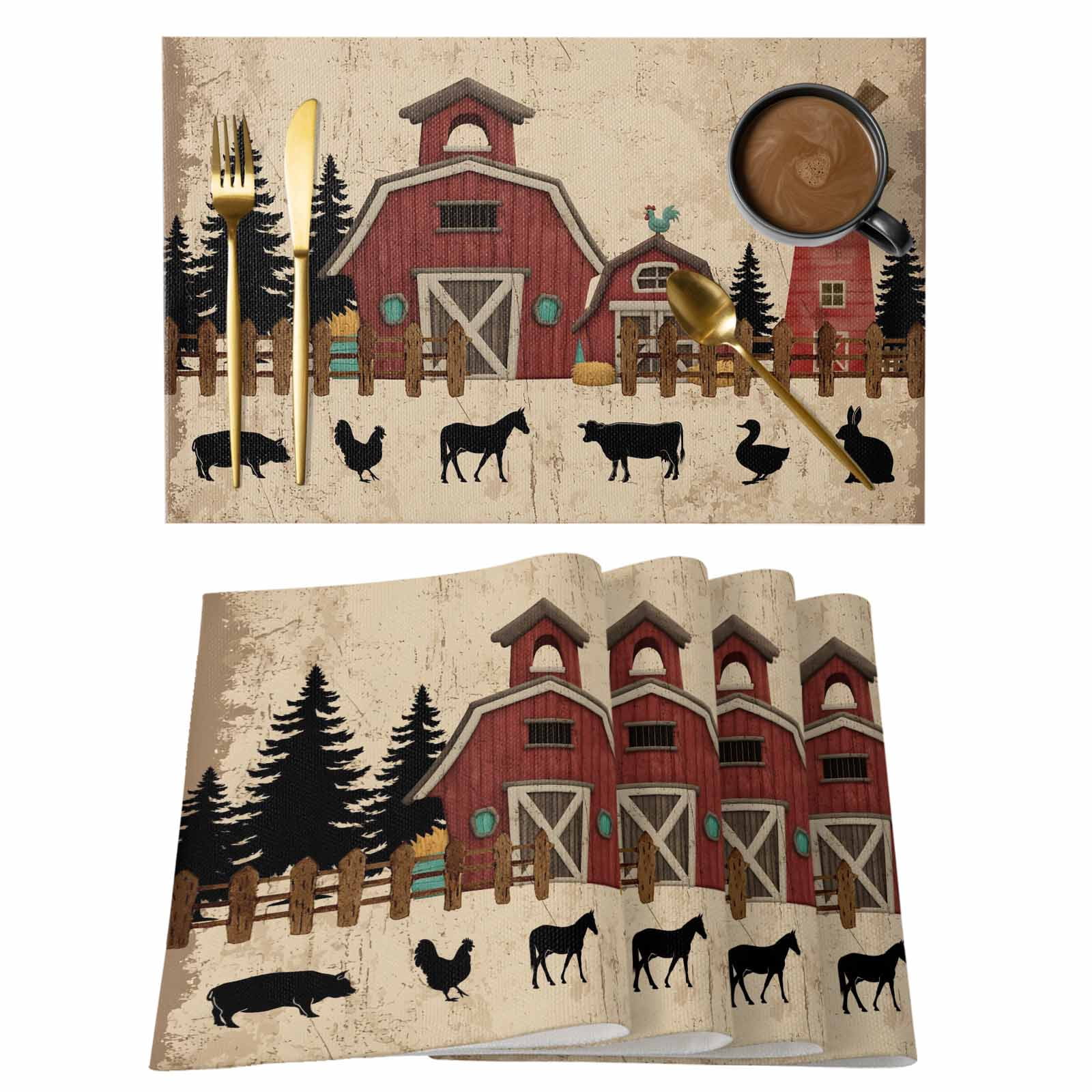 Brown Farmhouse Placemats Set of 12 Vintage Country Animals Cabin ...