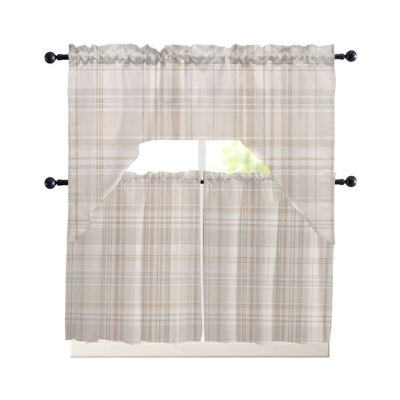 Brown Farmhouse Plaid Kitchen Curtains Sets for Windows 3 Piece, Beige ...
