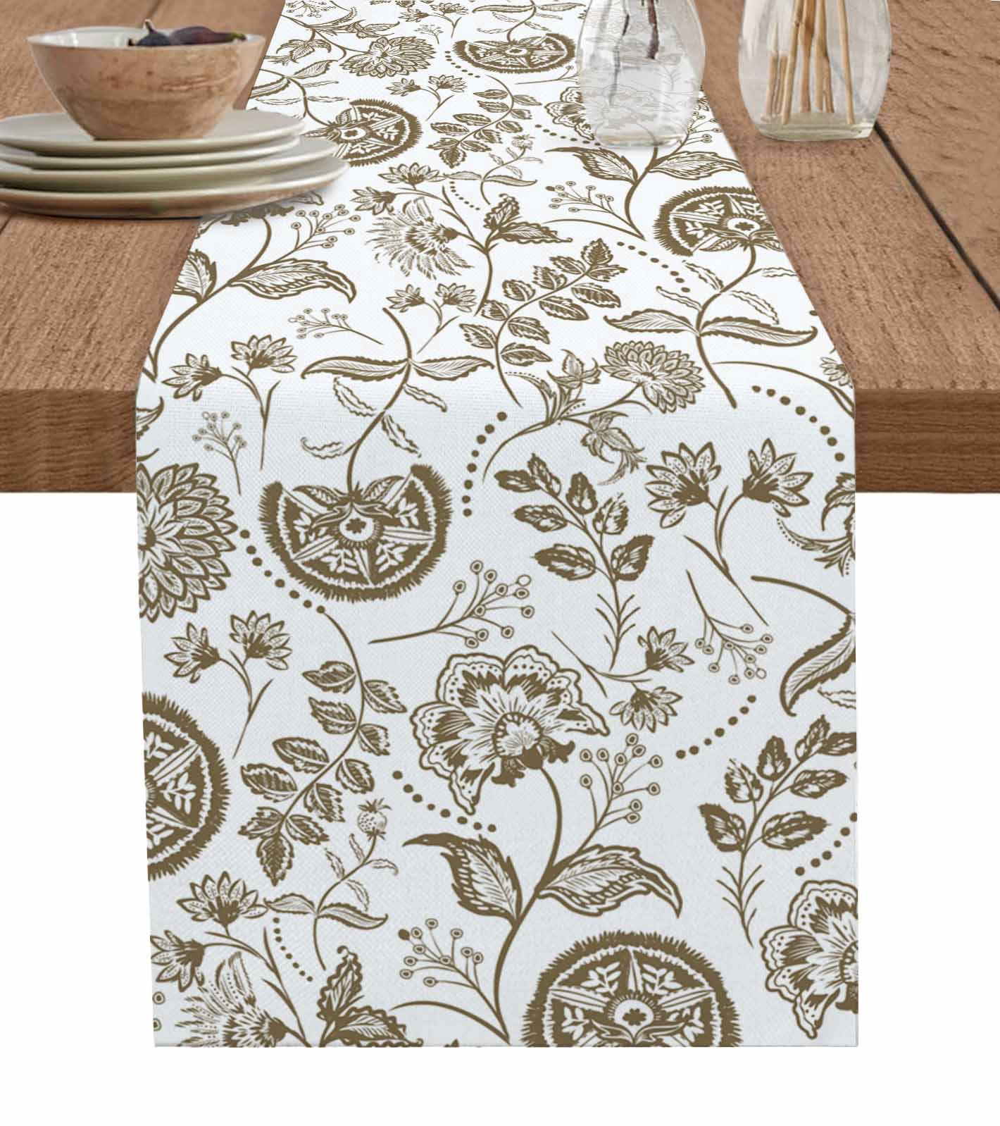 Brown Farmhouse Table Runner 72 Inches, Floral Floral Plant Leaf ...