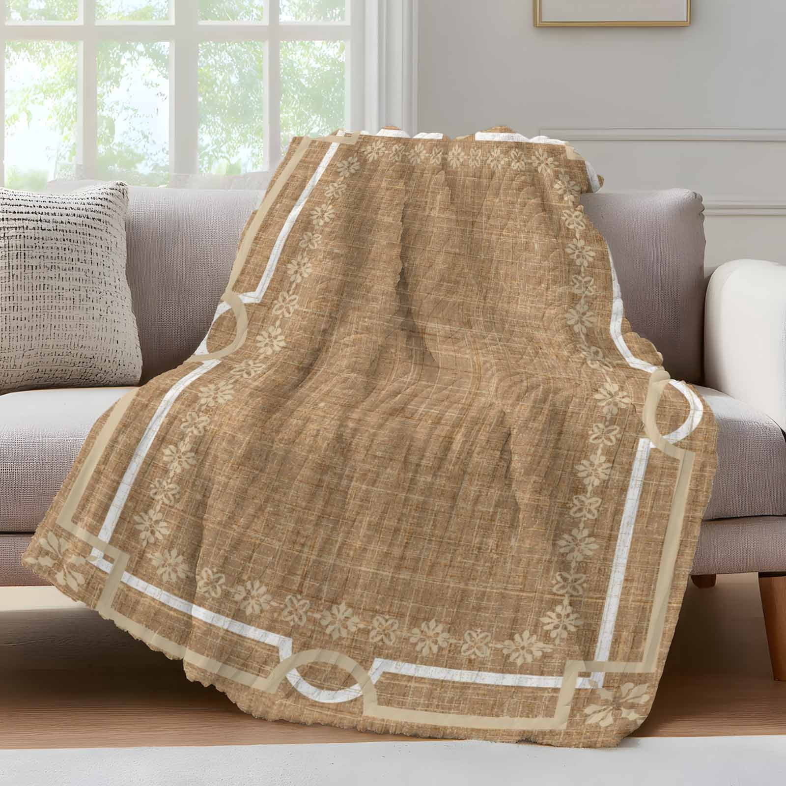 Brown Farmhouse Throw Blanket for Couch Linen Texture Geometric Lines ...