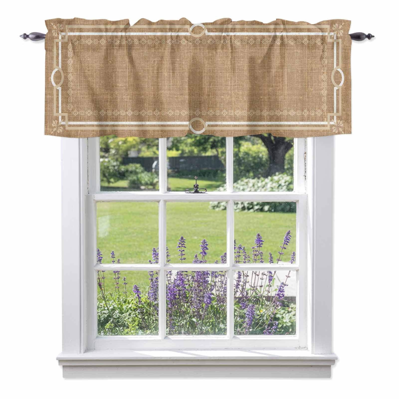 Brown Farmhouse Valance Curtain 1 Panel, Linen Texture Geometric Lines ...