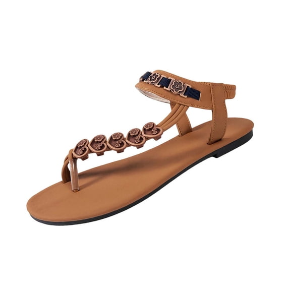 Brown Fashionable Women'S Round Toe Flat Sandals Open Toe Elastic Back ...