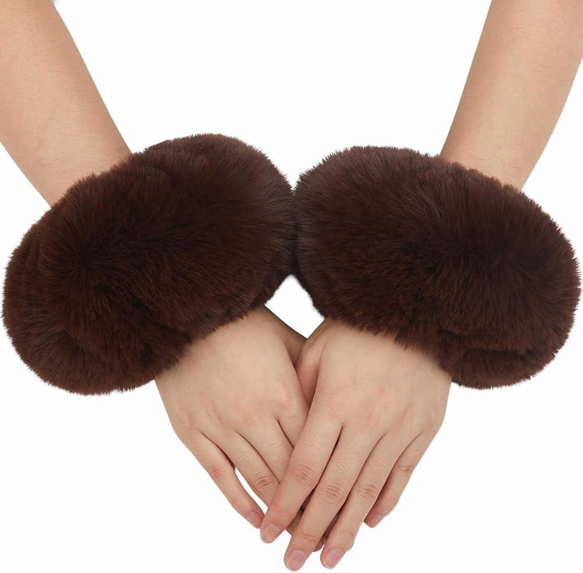 Brown Faux Fur Cuffs Wrist Arm Warmers Coffee Winter Short Plush Fuzzy ...