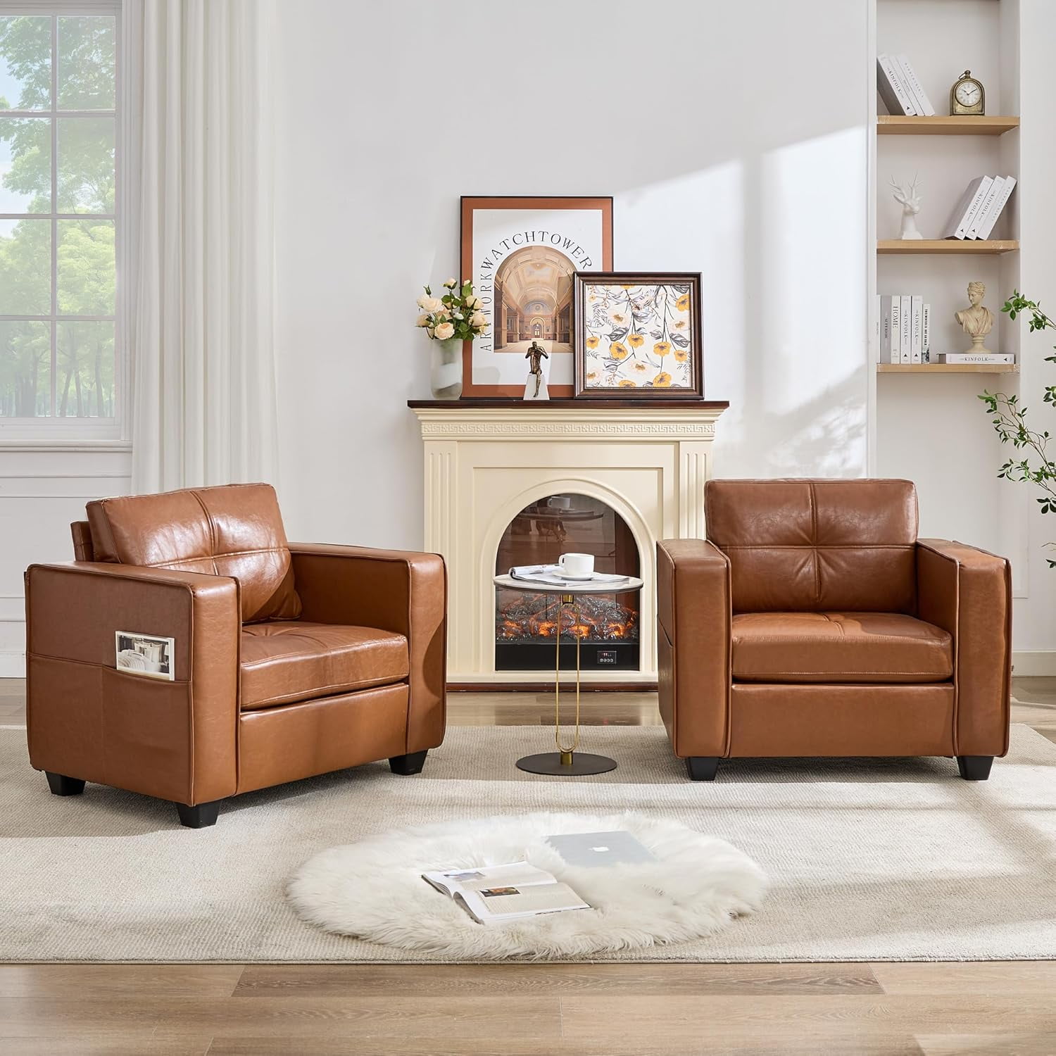 Brown Faux Leather Accent Chair Set of 2, Tufted Mid Modern Armchair with USB, 38.58" Wide for ...