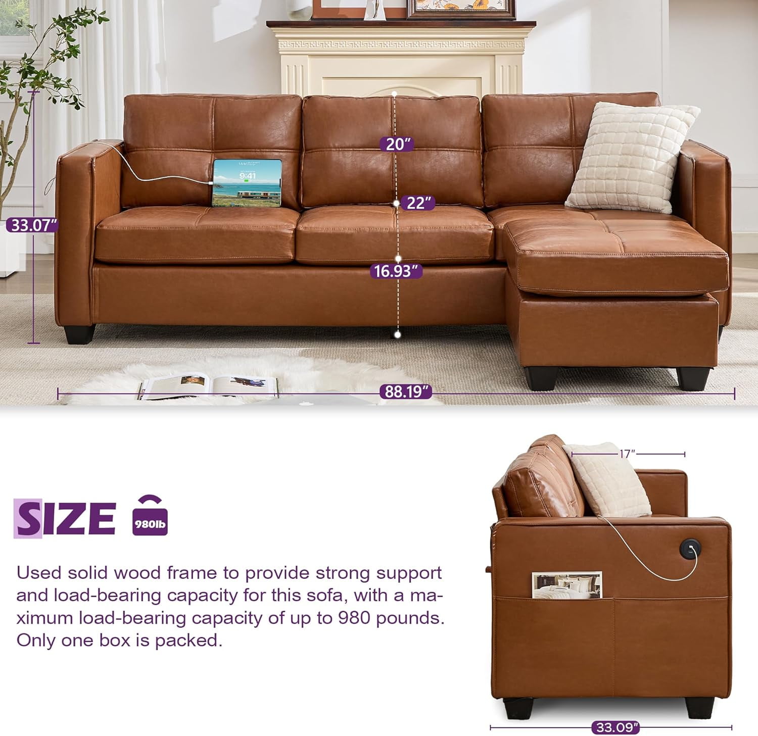 Brown Faux Leather Sectional Sofa with USB, L-Shaped Couch for Living ...