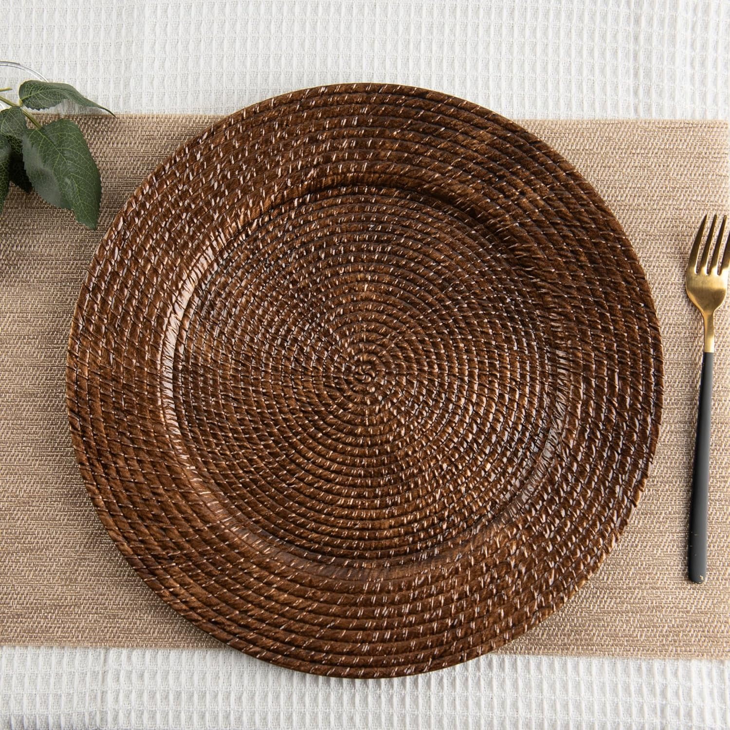 Brown Faux Rattan Braided Acrylic 13 Inch Decorative Round Charger ...