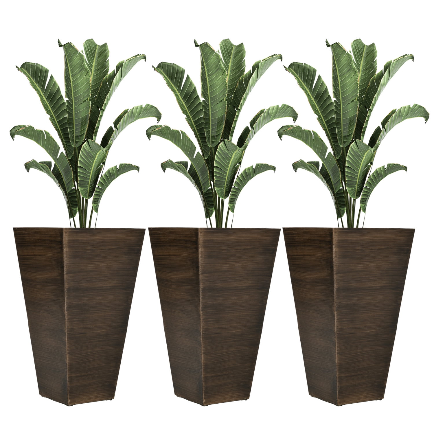 Brown Faux Wood Plastic Outdoor Planters Set of 3 Large Taper Planters ...