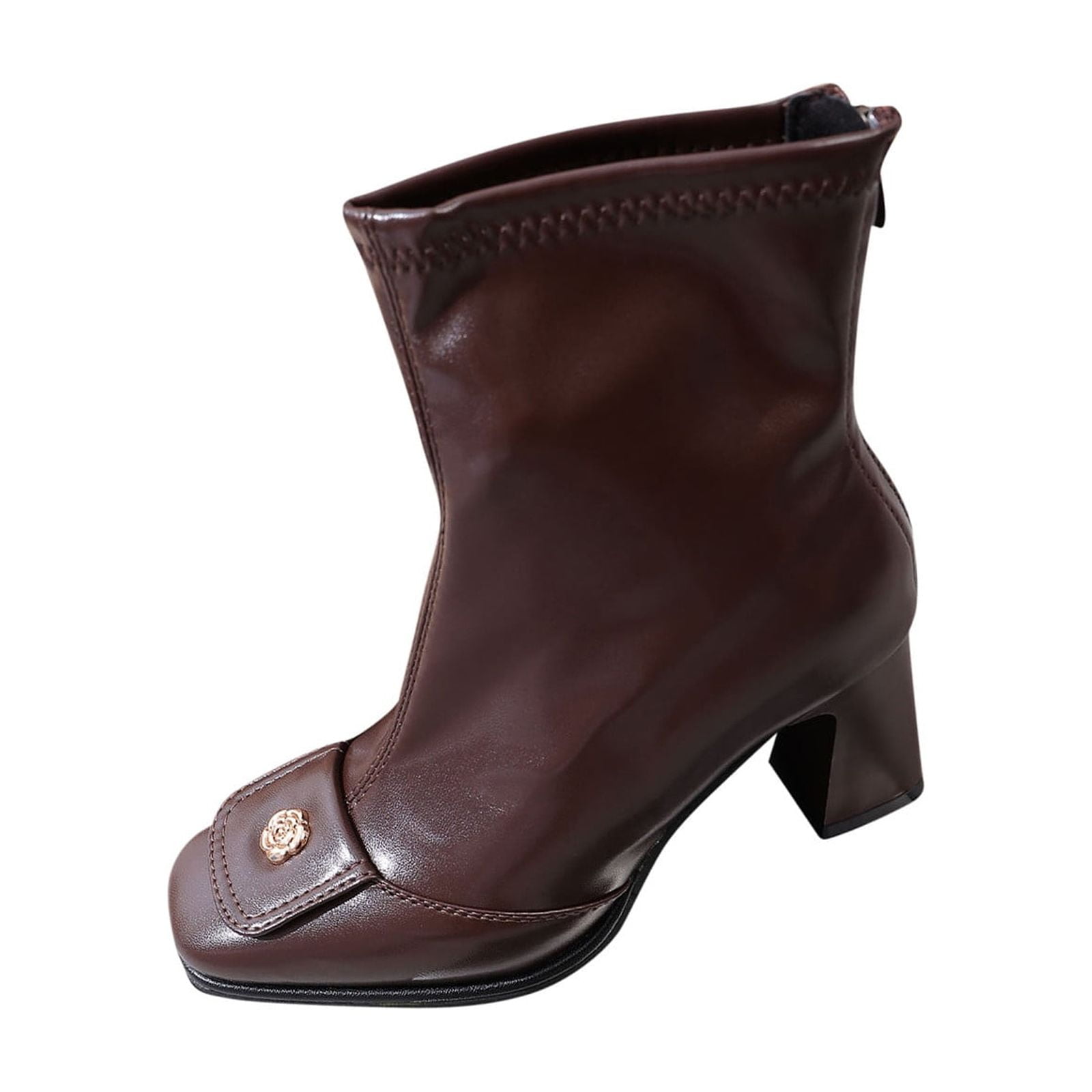 Brown Female Versatile Square Toe High Heel Skinny Boots With Metal ...