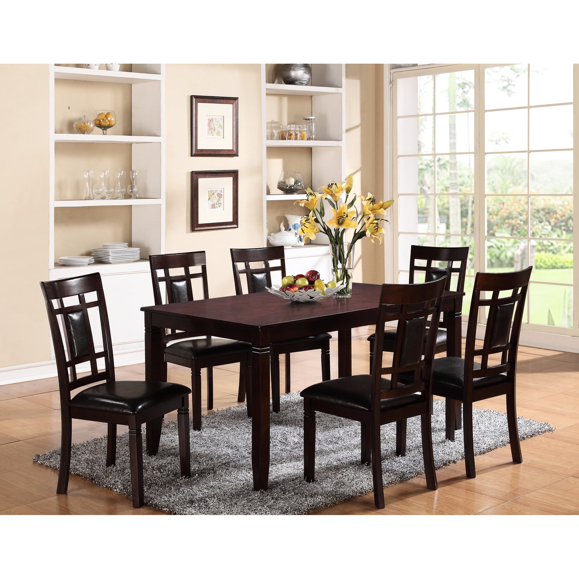 Brown Finish 7 Dining , Rectangular Table And 6 Chairs, Upholstered ...
