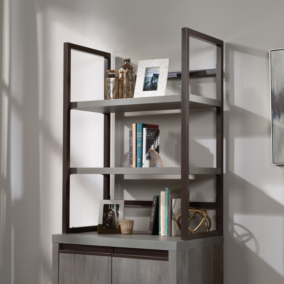 Brown Finish Library Hutch Open Shelving Closed Storage Stylish ...