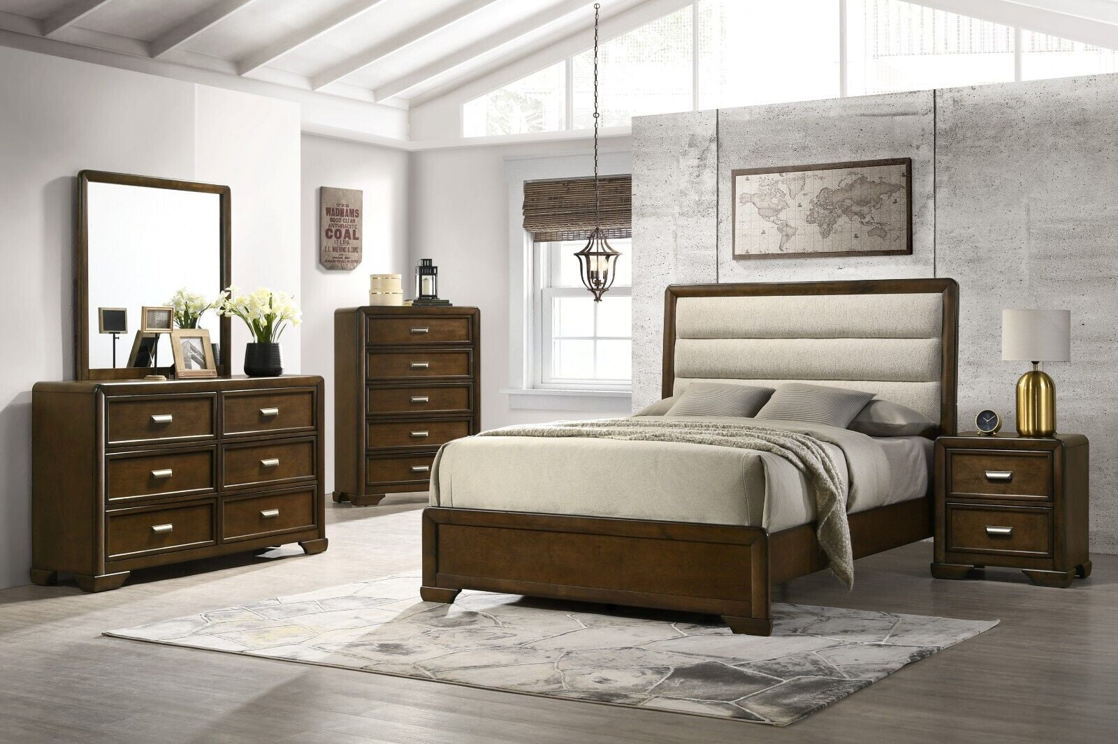 Brown Finish Solid Wood Upholstered Queen Size Panel Bed 6pc Wooden ...