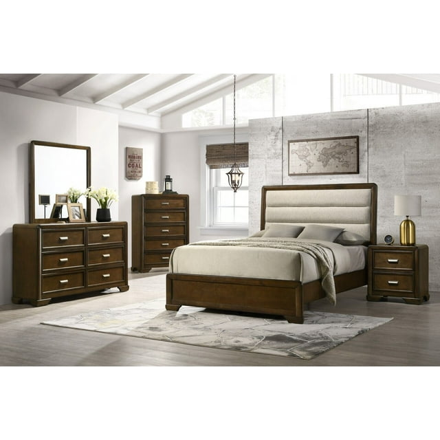 Brown Finish Solid Wood Upholstered Queen Size Panel Bed 6pc Wooden ...