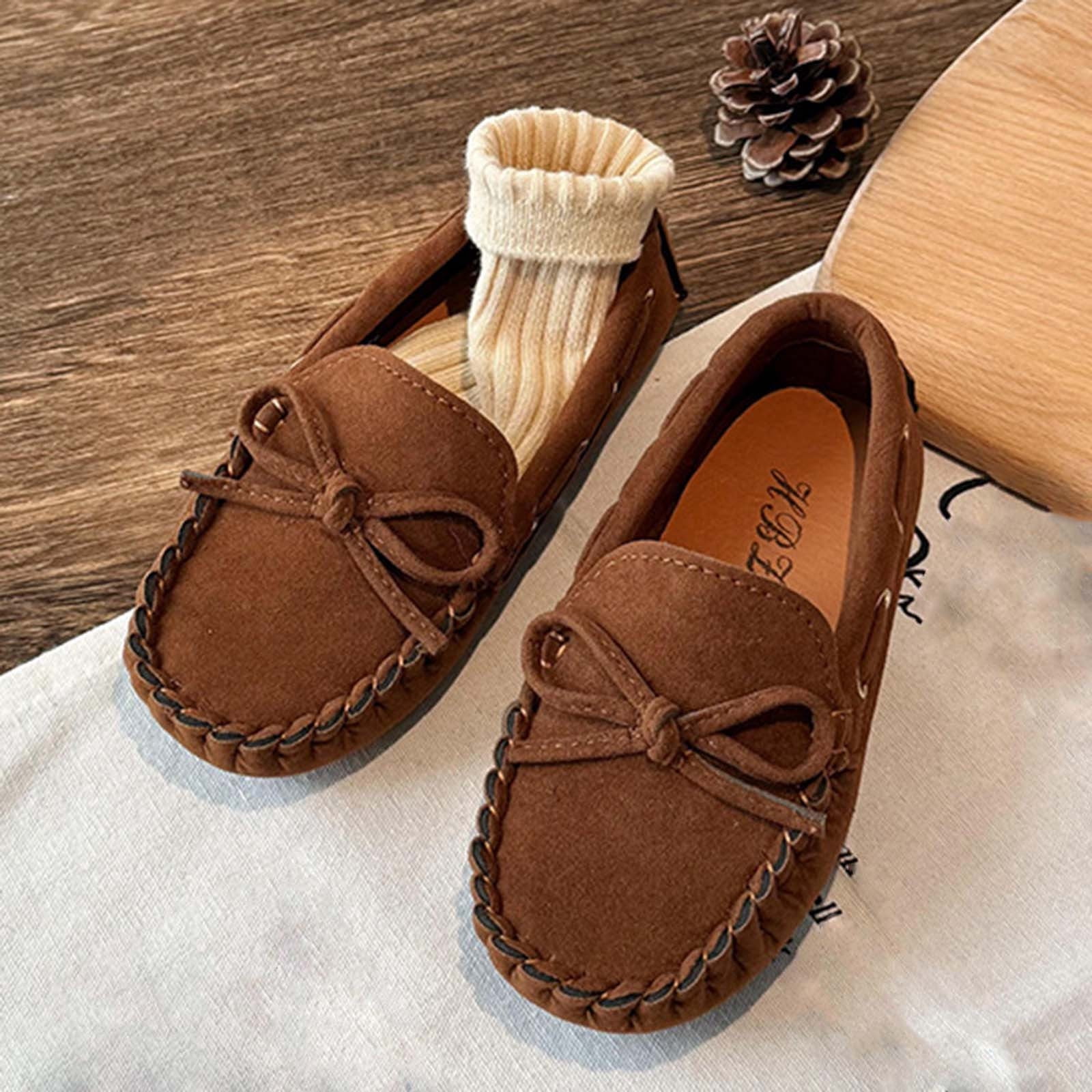 Brown Flat Princess Casual Bow Loafers For Girls Solid Color Soft Sole ...
