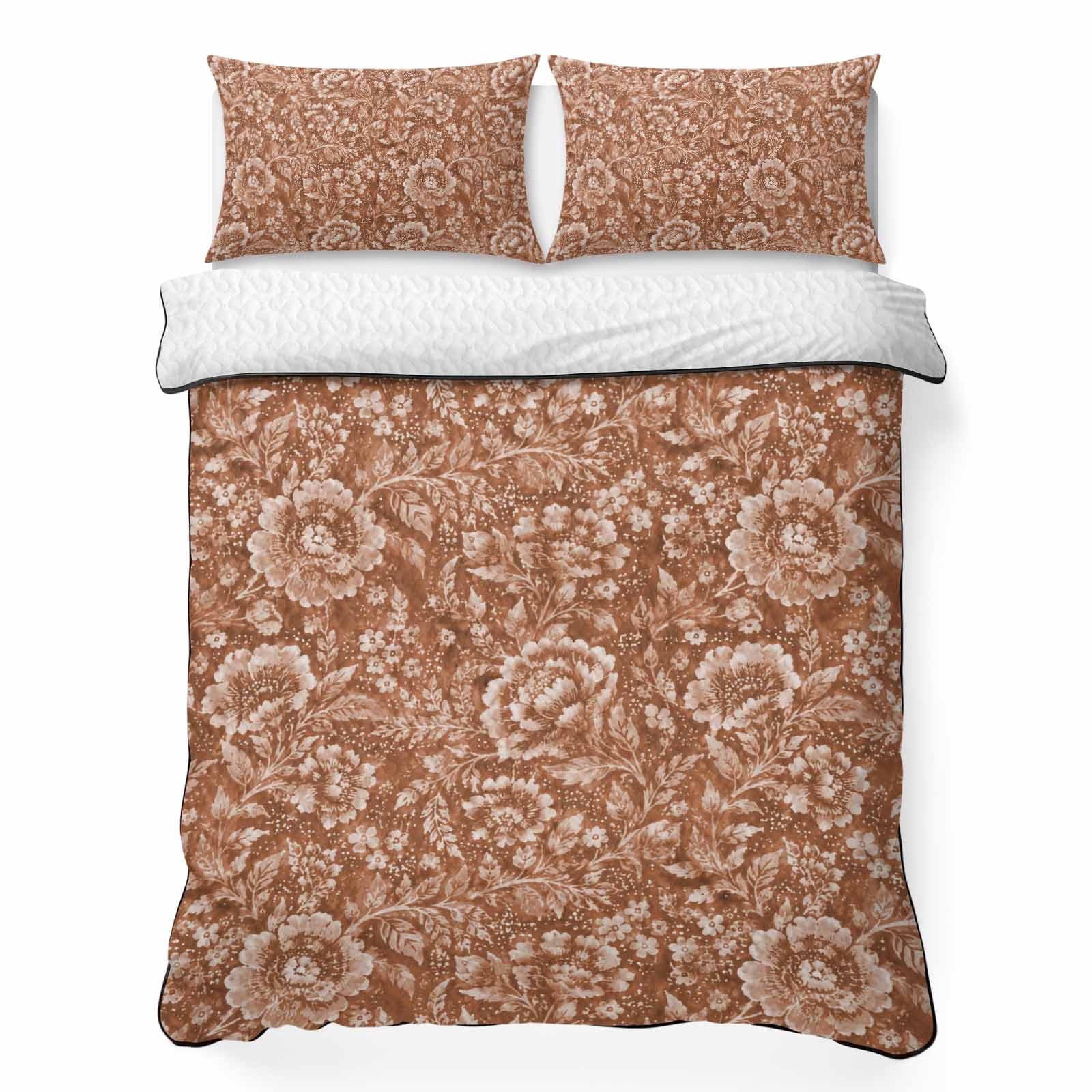 Brown Floral 3 Piece Quilt Bedding Set with 2 Pillow Shams, Country ...
