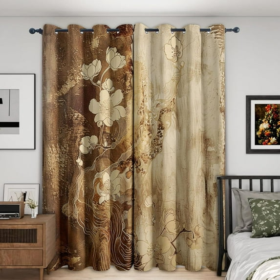 Brown Floral Curtains For Living Room , Flower Abstract Vintage Pattern ...