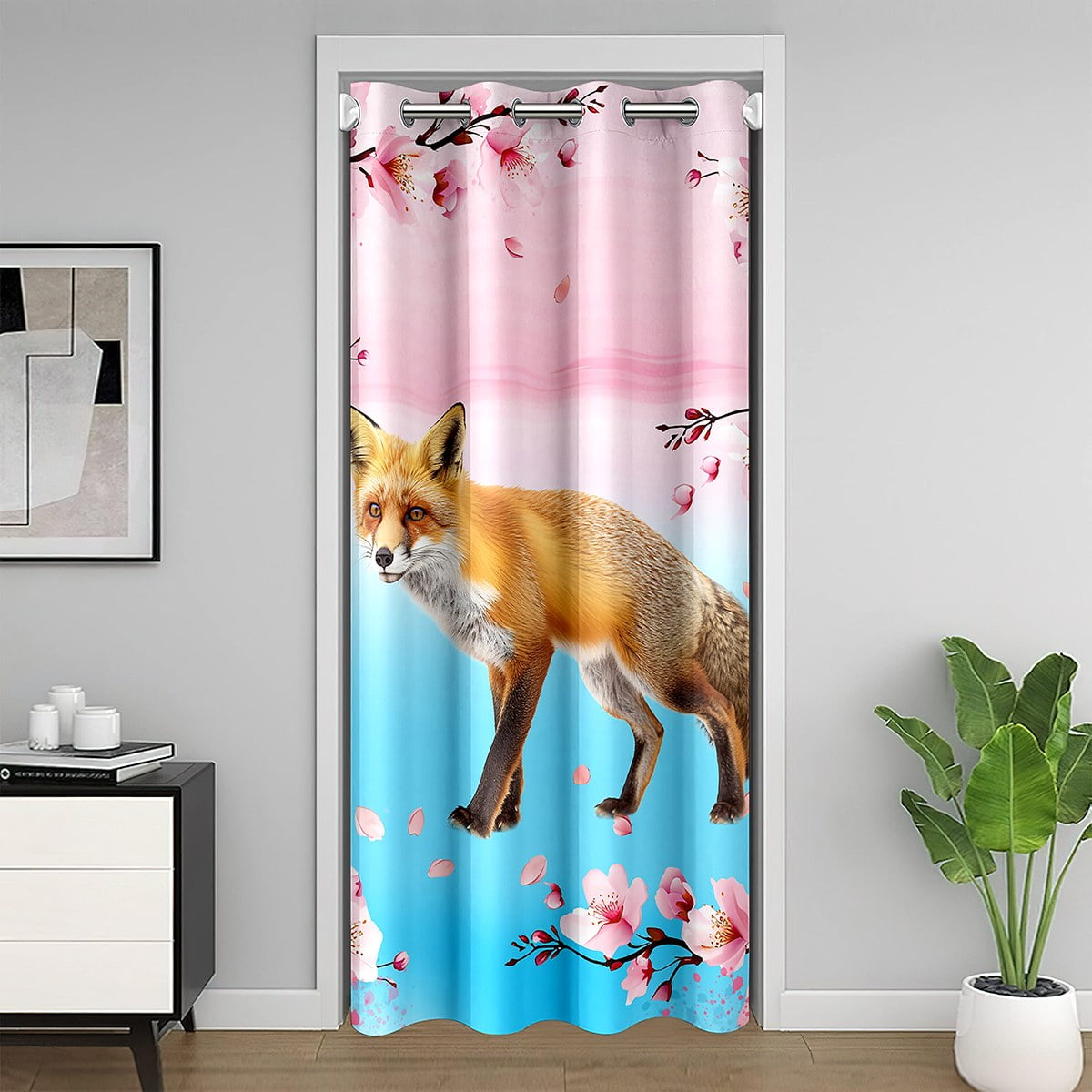 Brown Floral Fox 34"W X 80"L Door Curtain For Doorway Privacy Cute Fox ...