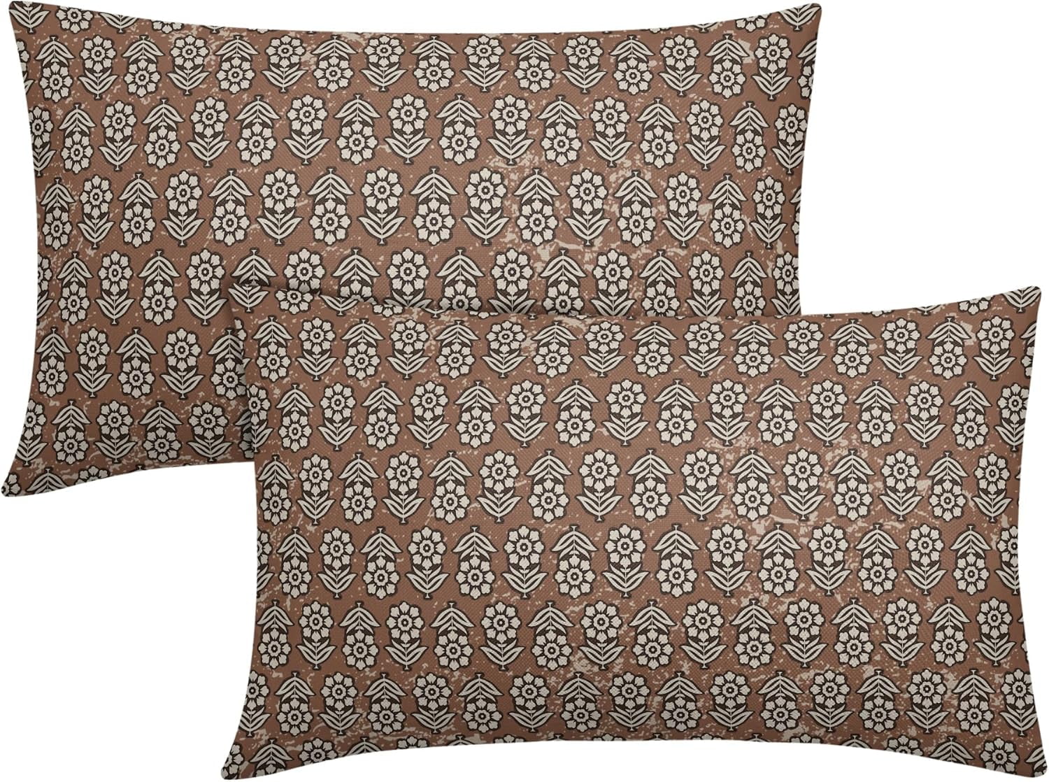 Brown Floral Lumbar Pillow Covers 12x20 Set of 2 Rustic Old Style Block ...