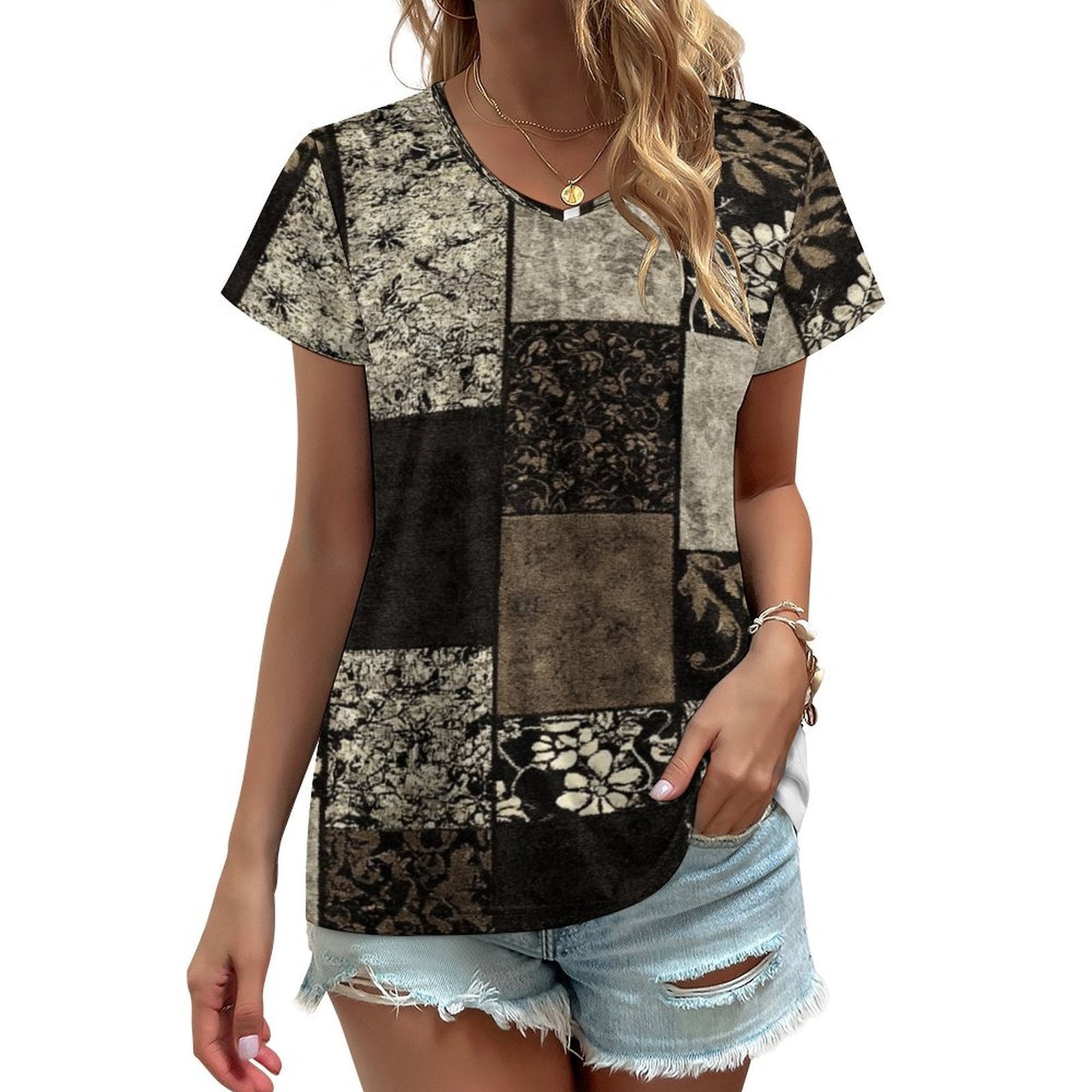 Brown Floral Patchwork Women's Blouse Short Sleeve Women's Top T-Shirt ...