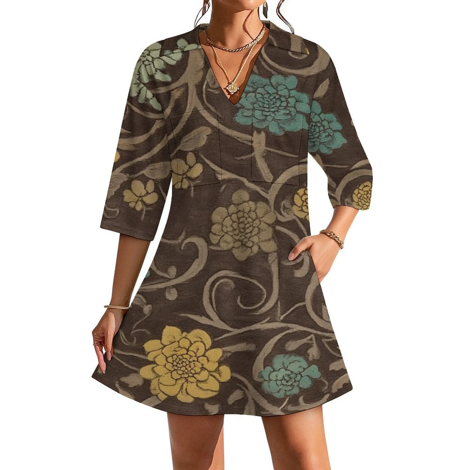 Brown Floral Patterned Design Womens Dress With Pockets Summer V Neck 3 ...