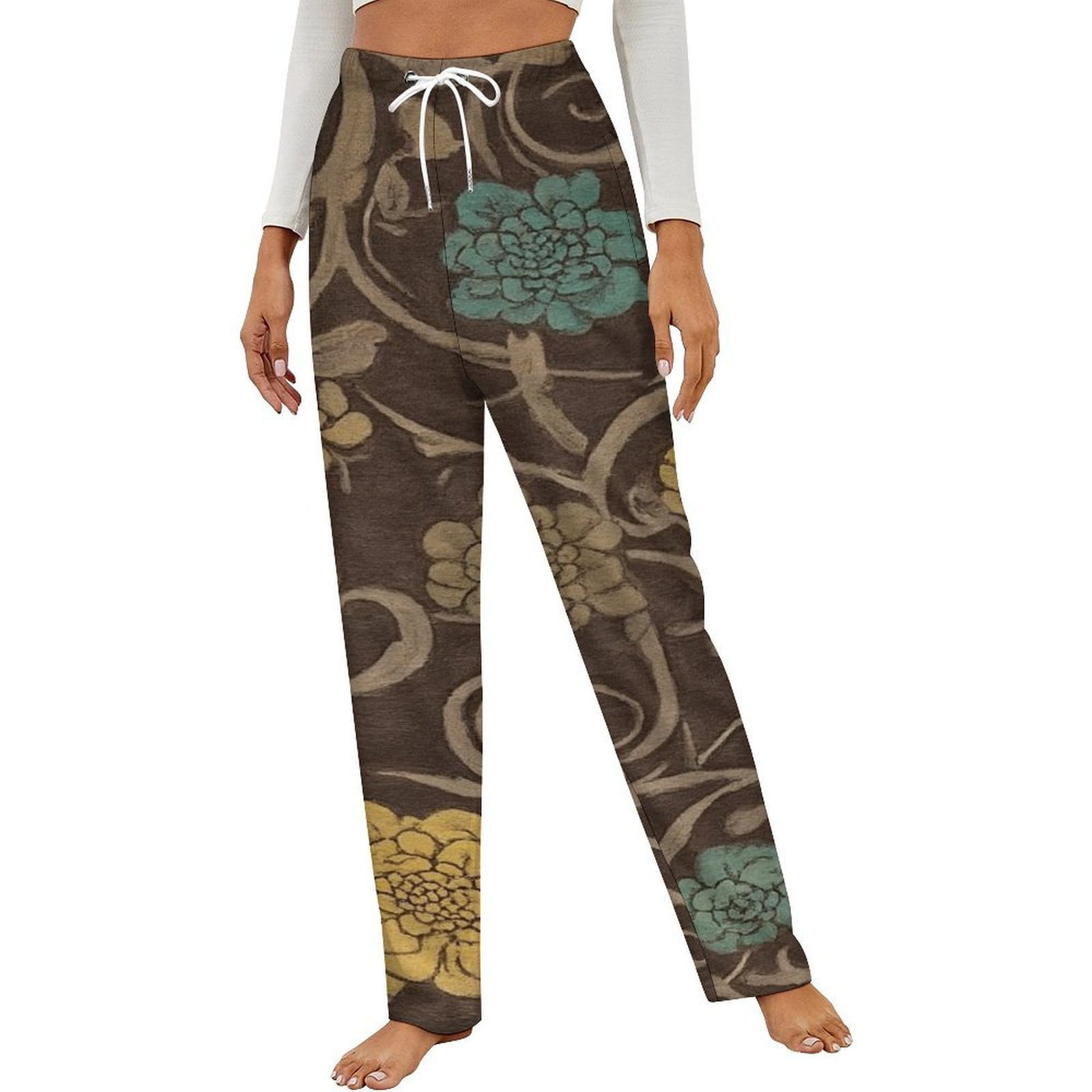 Brown Floral Patterned Rug Design Winter Female Pants Flannel High ...