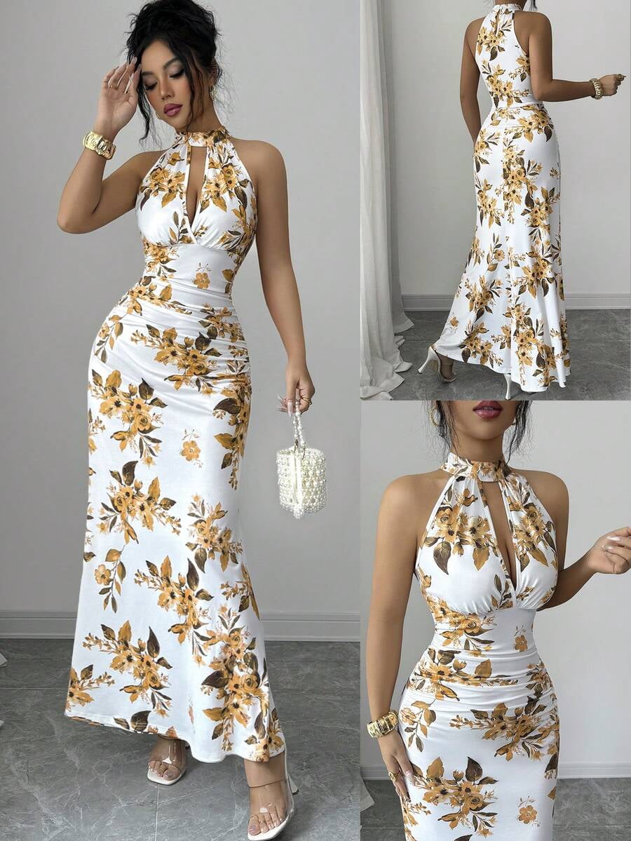 Brown Floral Print Halter Neck Maxi Dress, Ruched Waist Bodycon Style ...