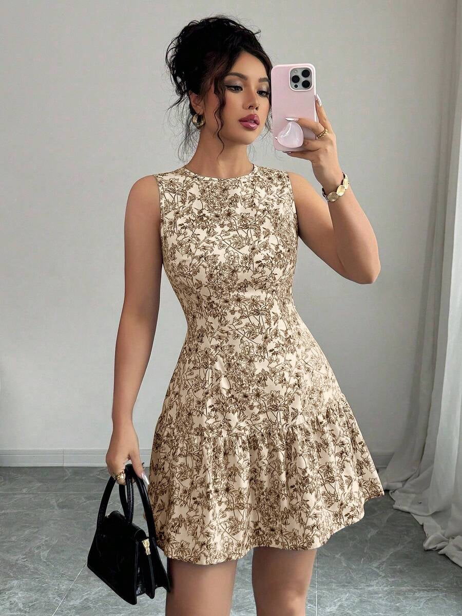Brown Floral Print Sleeveless Fit & Flare Mini Dress For Spring Summer ...