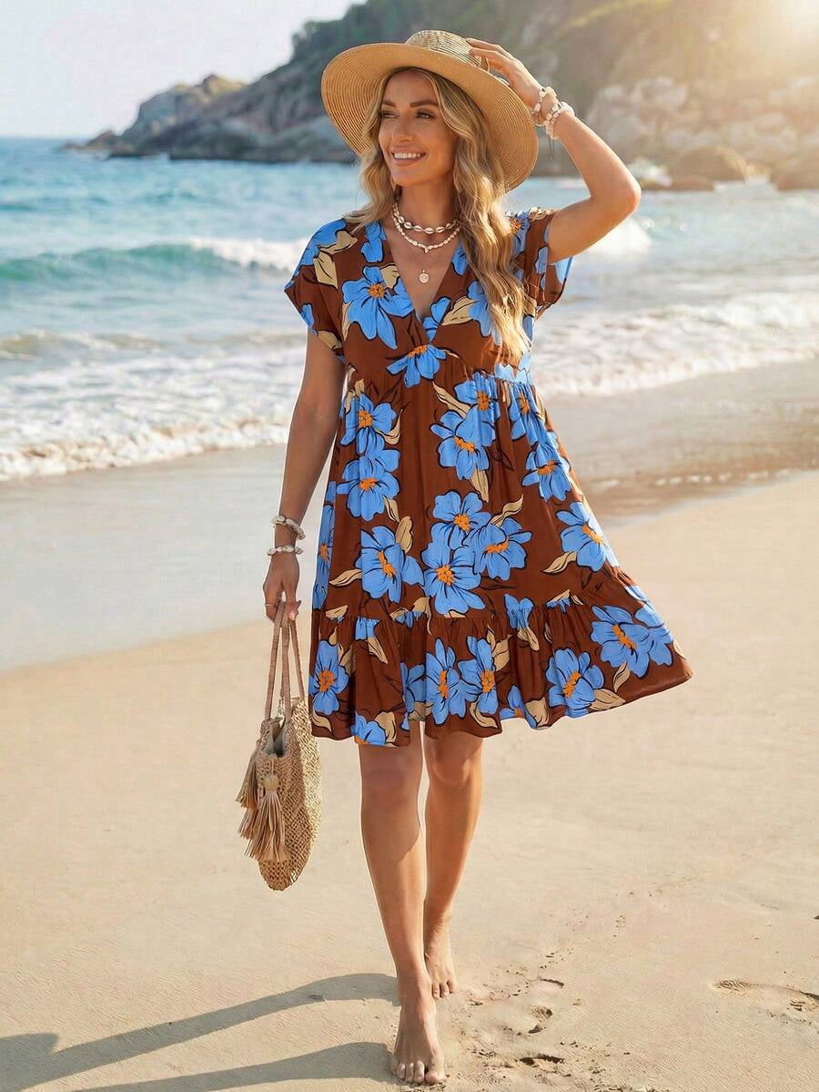 Brown Floral Print V-Neck Short Sleeve Ruffled Mini Sundress For Women ...