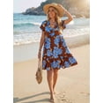 Brown Floral Print V-Neck Short Sleeve Ruffled Mini Sundress For Women ...