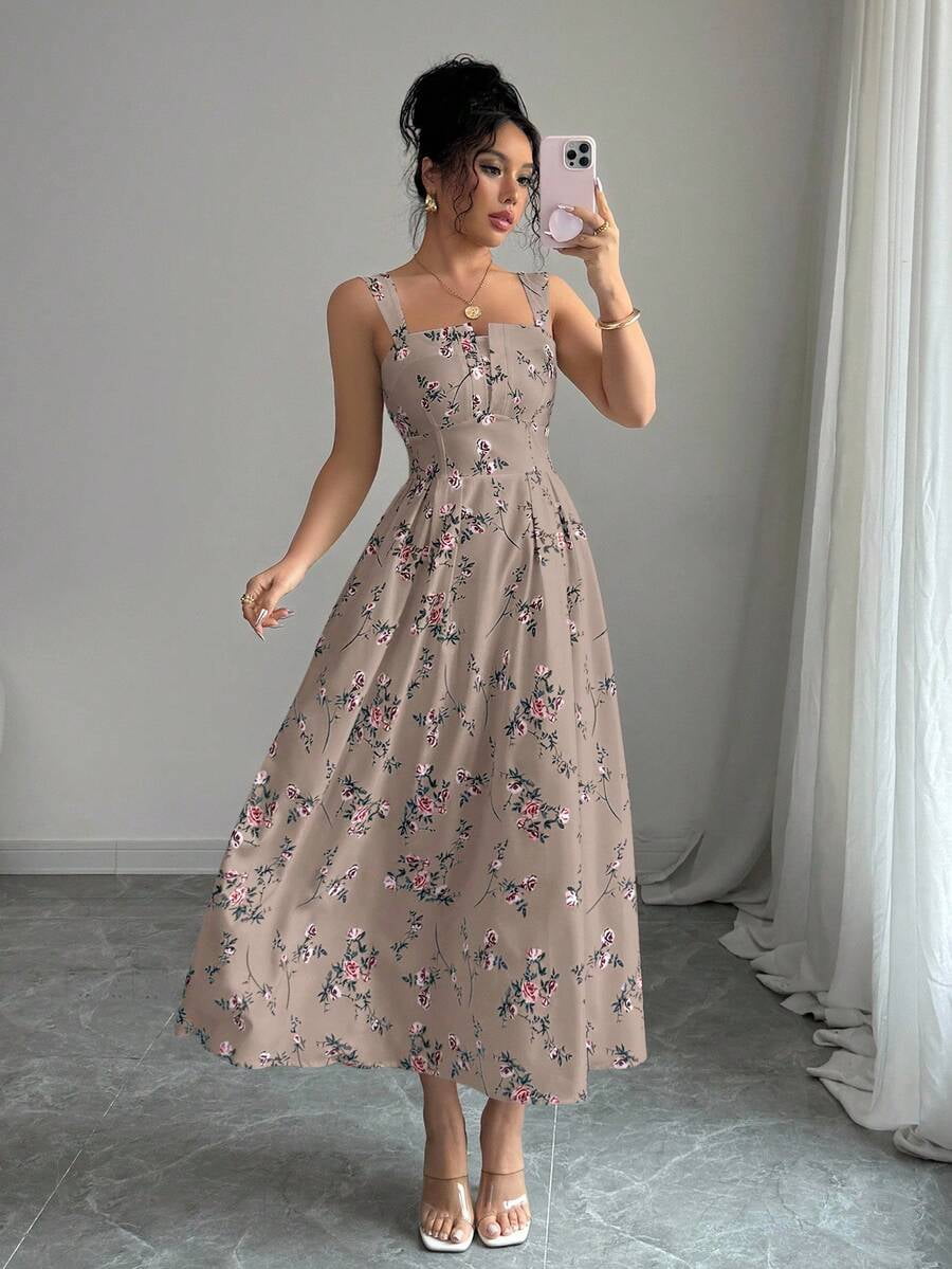 Brown Floral Print Waist-Gathering Pleated A-Line Maxi Dress For Women ...